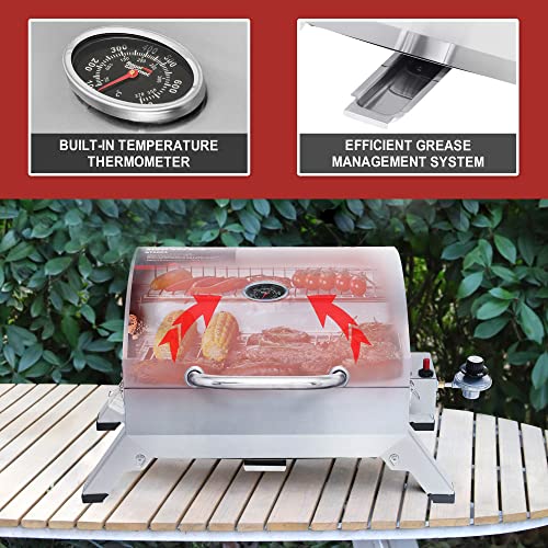 Royal Gourmet GT1001 Stainless Steel Portable Grill, 10000 BTU BBQ Tabletop Gas Grill with Folding Legs and Lockable Lid, Outdoor Camping, Deck and Tailgating, Silver