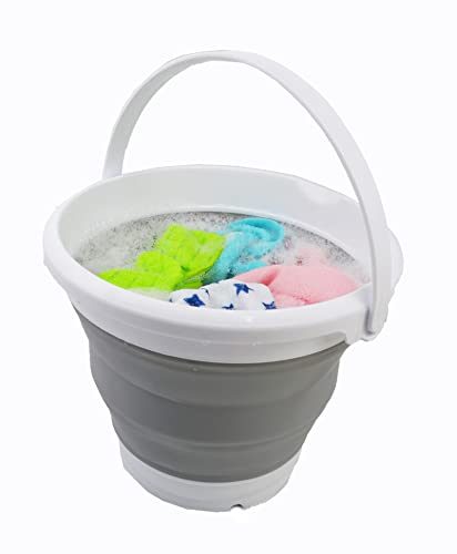 SAMMART 5.5L (1.4 Gallon) Collapsible Plastic Bucket - Foldable Round Tub - Portable Fishing Water Pail - Space Saving Outdoor Waterpot (Grey & Grass Green, 2)