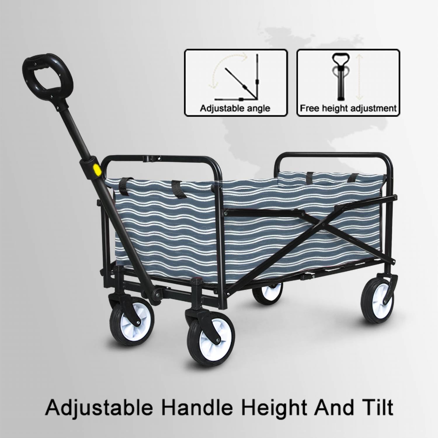 Outdoor Collapsible Wagon Seamless White Waves a Dark Blue Textured for Hoop Surface Packaging Camping Shopping Garden Cart Heavy Duty Wagon Adjustable Portable Utility Folding Wagon with Wheels