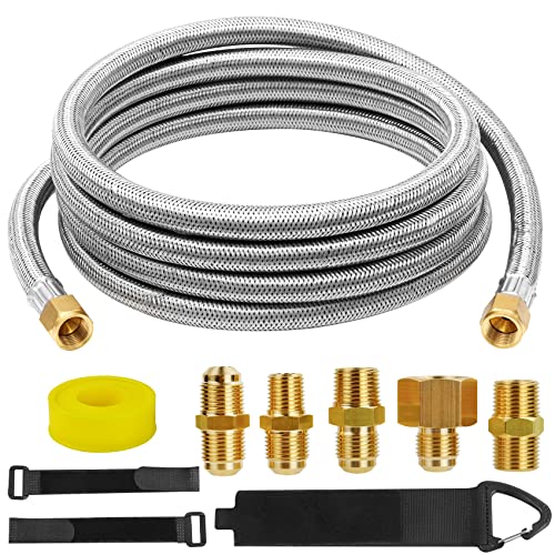 Upgraded 10 Feet High Pressure Braided Propane Hose Extension with 5 Conversion Coupling 3/8" Flare to 1/2" Female NPT,1/4" Male NPT,3/8" Male NPT,3/8" Male Flare for Heater,BBQ Grill,Flexible,Durable