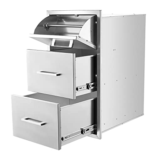 ARTYUIO Outdoor Kitchen Drawers Stainless Steel 17W x 30H x 21D Inch BBQ Storage Cabinets Drawers with Handles, Flush Mount Double Drawers,1 Paper Towel Holder for Outdoor Kitchen