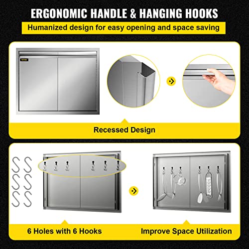 VEVOR Double BBQ Access Door, 30''Wx21''H Outdoor Kitchen Doors, Double Wall Construction Outdoor Cabinets with Hooks, Brushed Stainless Steel BBQ Door Easy to Install for BBQ Island Grill Station