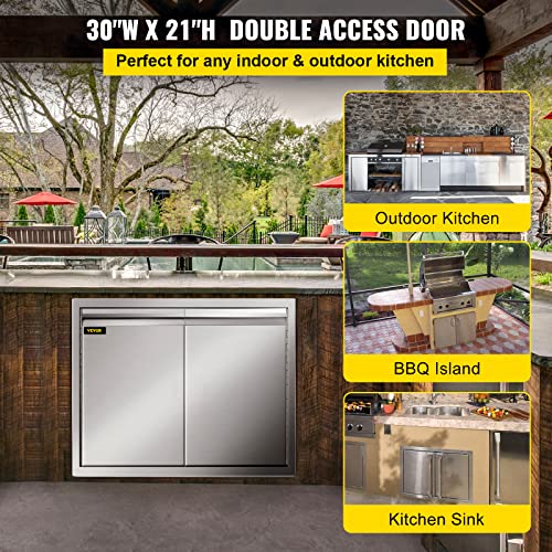 VEVOR Double BBQ Access Door, 30''Wx21''H Outdoor Kitchen Doors, Double Wall Construction Outdoor Cabinets with Hooks, Brushed Stainless Steel BBQ Door Easy to Install for BBQ Island Grill Station