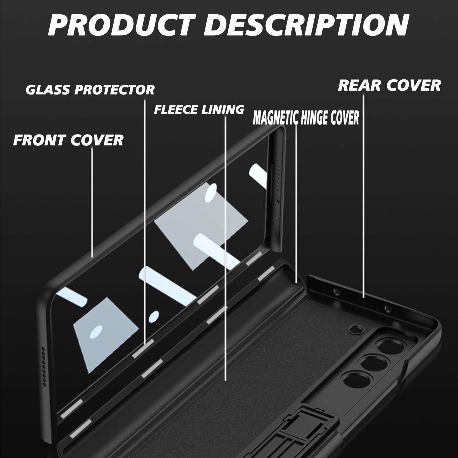 MistWorld for Samsung Galaxy Z Fold 5 case with Magnetic Hinge,Stand, Front Screen Tempered Glass Protector,Slim Shockproof Cover Black