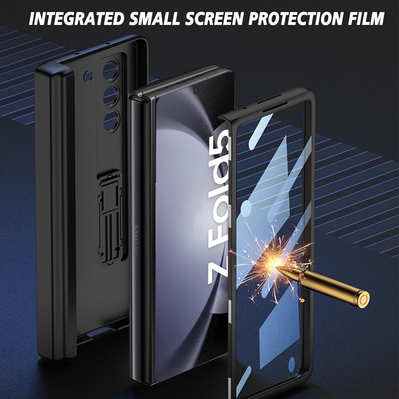 MistWorld for Samsung Galaxy Z Fold 5 case with Magnetic Hinge,Stand, Front Screen Tempered Glass Protector,Slim Shockproof Cover Black