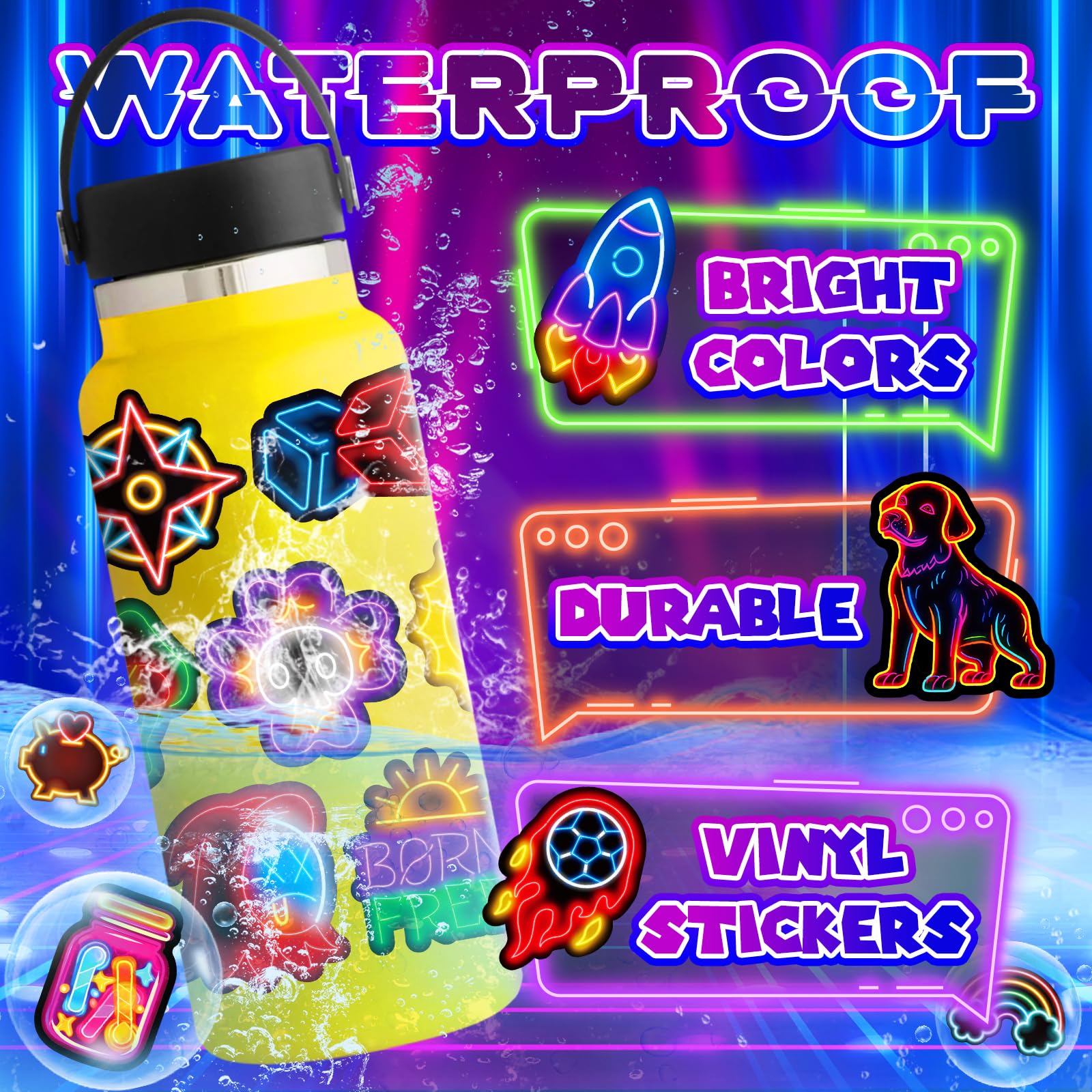 300 PCS Neon Stickers Pack,Cool Stickers for Teens Adults Kids,Waterproof Trendy Stickers for Skateboard Water Bottle Laptop Scrapbook Luggage
