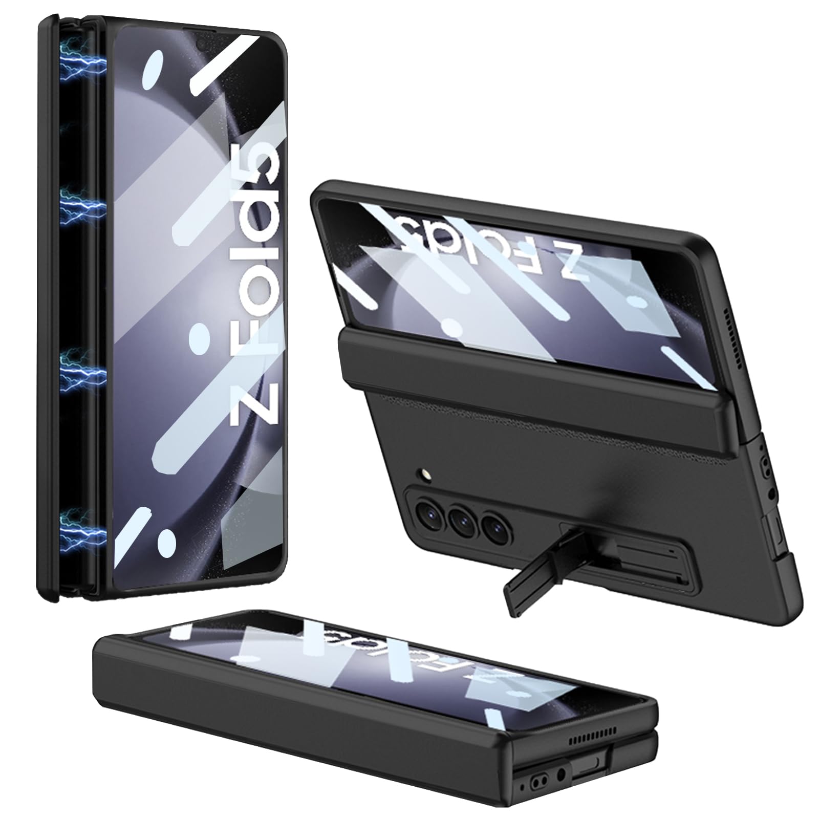 MistWorld for Samsung Galaxy Z Fold 5 case with Magnetic Hinge,Stand, Front Screen Tempered Glass Protector,Slim Shockproof Cover Black