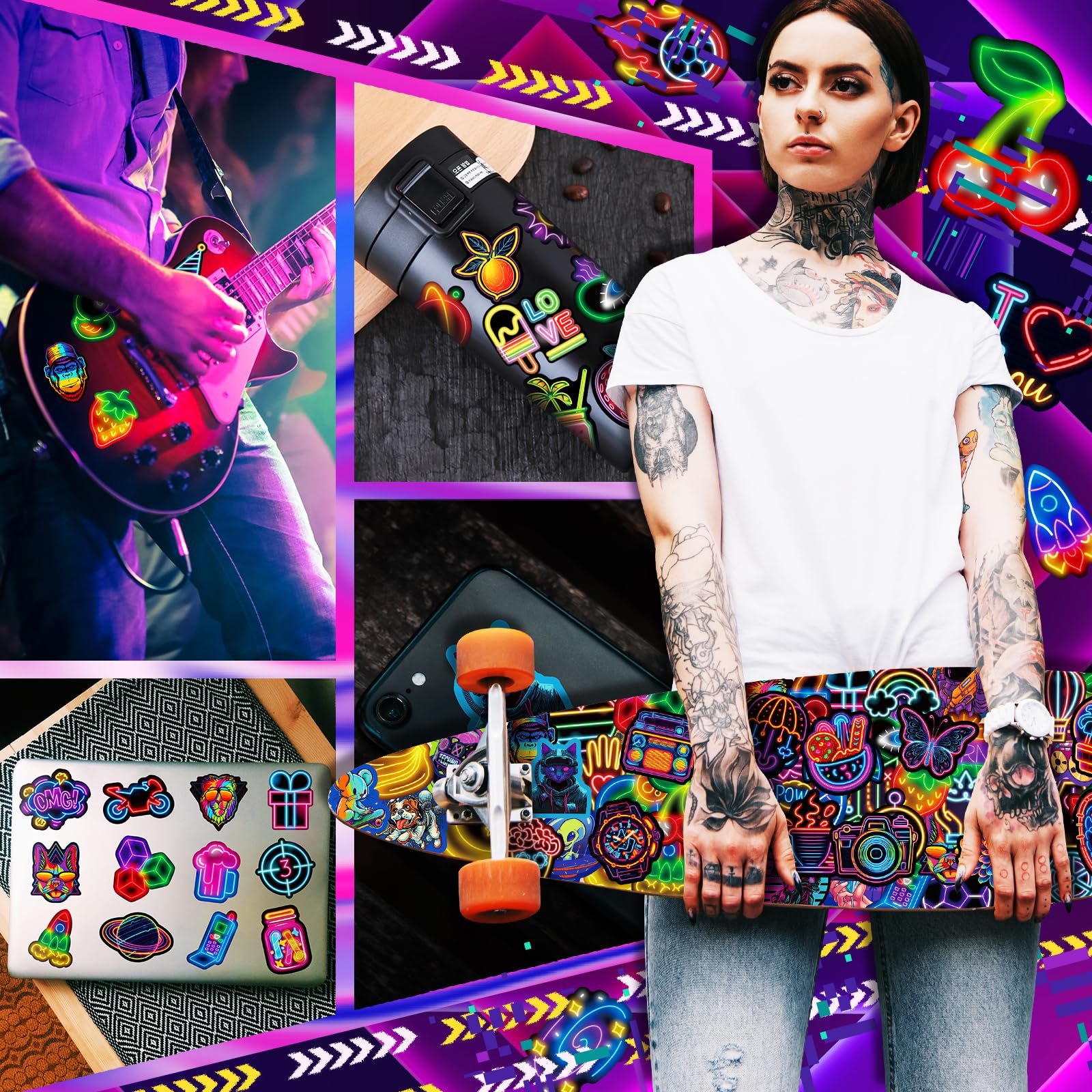 300 PCS Neon Stickers Pack,Cool Stickers for Teens Adults Kids,Waterproof Trendy Stickers for Skateboard Water Bottle Laptop Scrapbook Luggage