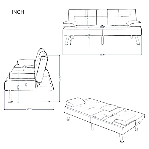 FULife Tufted Upholstered Futon Sofa Convertible Sleeper Couch Bed Daybed Loveseat,Folding Recliner with 2 Cup Holders,Removable Soft Pillow-Top Armrest,3 Angles for Living Room Small Place