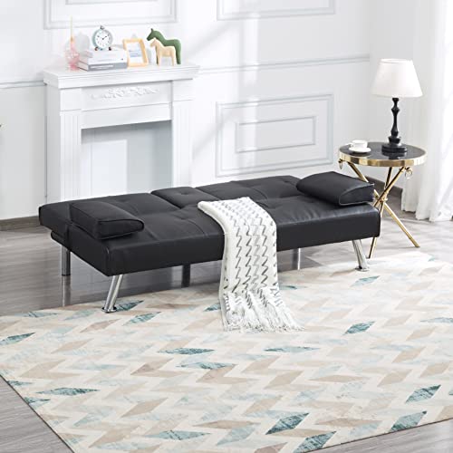 FULife Tufted Upholstered Futon Sofa Convertible Sleeper Couch Bed Daybed Loveseat,Folding Recliner with 2 Cup Holders,Removable Soft Pillow-Top Armrest,3 Angles for Living Room Small Place