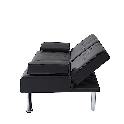 FULife Tufted Upholstered Futon Sofa Convertible Sleeper Couch Bed Daybed Loveseat,Folding Recliner with 2 Cup Holders,Removable Soft Pillow-Top Armrest,3 Angles for Living Room Small Place