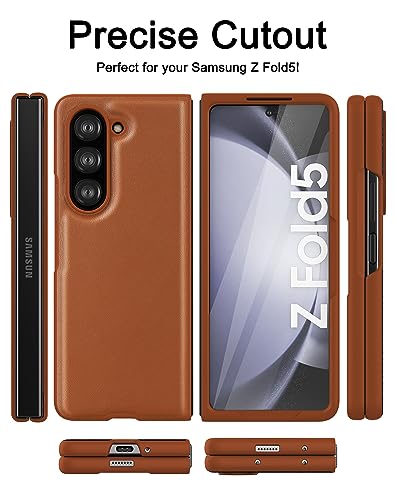 Eastcoo Slim Fit PU Leather Case for Samsung Galaxy Z Fold 5, [Clear Front Cover+Leather Hard PC Back][Wireless Charging Support] Shockproof Protective Case for Samsung Galaxy Z Fold5 2023, Brown