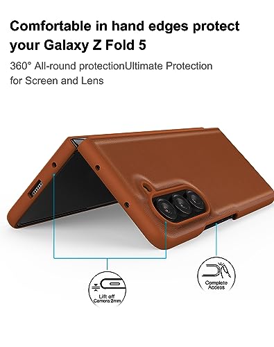 Eastcoo Slim Fit PU Leather Case for Samsung Galaxy Z Fold 5, [Clear Front Cover+Leather Hard PC Back][Wireless Charging Support] Shockproof Protective Case for Samsung Galaxy Z Fold5 2023, Brown