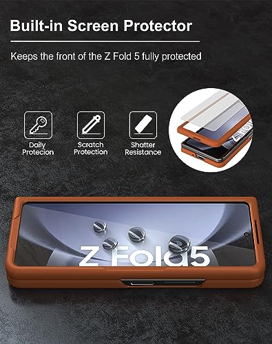 Eastcoo Slim Fit PU Leather Case for Samsung Galaxy Z Fold 5, [Clear Front Cover+Leather Hard PC Back][Wireless Charging Support] Shockproof Protective Case for Samsung Galaxy Z Fold5 2023, Brown