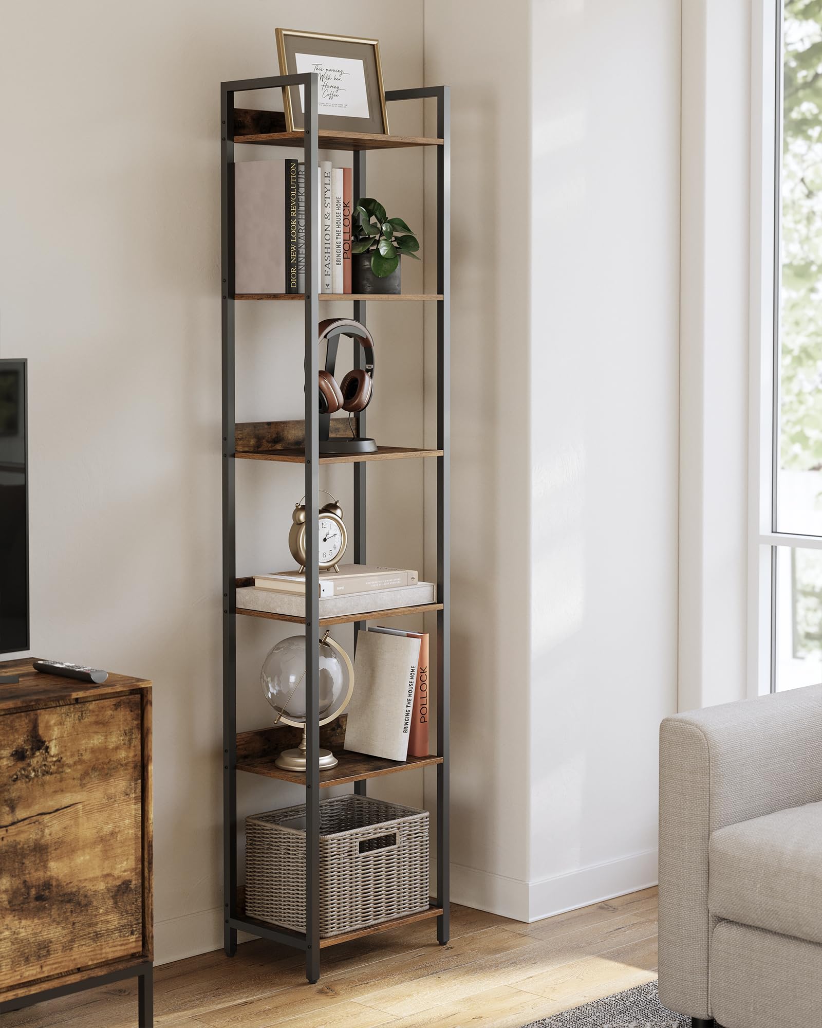 Surksis 6-Tier Bookshelf, Narrow Bookshelf, Industrial Bookcase with Open Shelves, Tall Book Shelf for Living Room, Home Office, Study, Bedroom, 11 x 15.7 x 72.5 Inches, Rustic Brown and Black