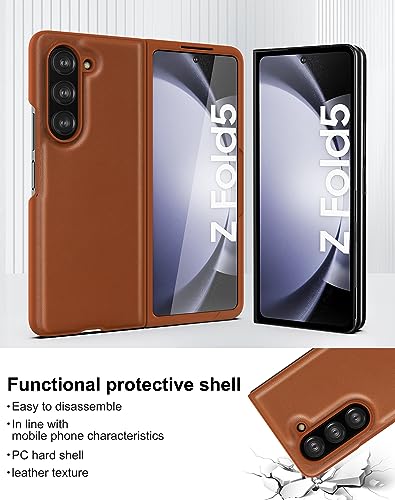 Eastcoo Slim Fit PU Leather Case for Samsung Galaxy Z Fold 5, [Clear Front Cover+Leather Hard PC Back][Wireless Charging Support] Shockproof Protective Case for Samsung Galaxy Z Fold5 2023, Brown