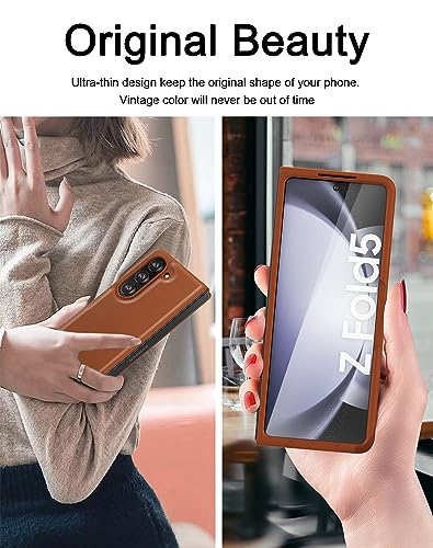 Eastcoo Slim Fit PU Leather Case for Samsung Galaxy Z Fold 5, [Clear Front Cover+Leather Hard PC Back][Wireless Charging Support] Shockproof Protective Case for Samsung Galaxy Z Fold5 2023, Brown