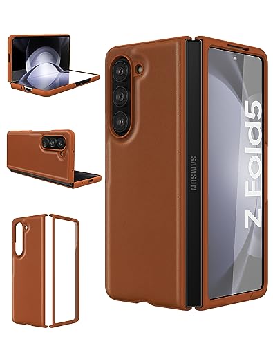 Eastcoo Slim Fit PU Leather Case for Samsung Galaxy Z Fold 5, [Clear Front Cover+Leather Hard PC Back][Wireless Charging Support] Shockproof Protective Case for Samsung Galaxy Z Fold5 2023, Brown