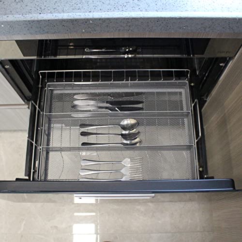 SETTFRFE 2P Metal Mesh Drawer Organizer,Flatware Organizer,Silverware Holder,Kitchen Eating Utensils Tray for Drawer,Silver (2P)