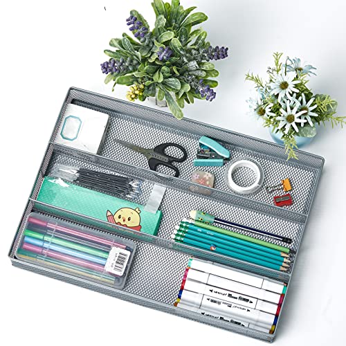 SETTFRFE 2P Metal Mesh Drawer Organizer,Flatware Organizer,Silverware Holder,Kitchen Eating Utensils Tray for Drawer,Silver (2P)