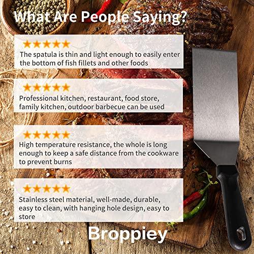 2pcs Fish Spatula, Broppiey heavy duty Stainless Steel Metal Spatulas for Cast Iron Skillet, Griddle, Flat Top Grill, Slotted Fish Turner Spatula Can Flipper Egg Pancake Hamburger, Hanging Hole Black