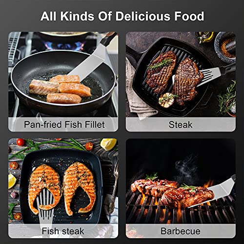 2pcs Fish Spatula, Broppiey heavy duty Stainless Steel Metal Spatulas for Cast Iron Skillet, Griddle, Flat Top Grill, Slotted Fish Turner Spatula Can Flipper Egg Pancake Hamburger, Hanging Hole Black