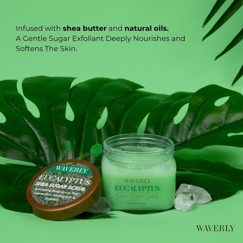 Waverly Eucalyptus- Shea Butter Body Scrub - Gentle Sugar Exfoliant Deeply Nourishes and Softens Skin with Natural Oils