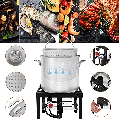 Creole Feast SBK1001 Seafood Boiling Kit with Strainer, Outdoor Aluminum Propane Gas Boiler with 10 PSI Regulator, Silver