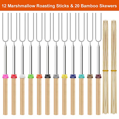 Marshmallow Roasting Sticks Wooden Handle Set of 12 Smores Skewers Telescoping Forks 32 inch Telescoping Smores Skewers for Campfire, Firepit, and Sausage BBQ with Portable Bag & 20 Bamboo Skewers