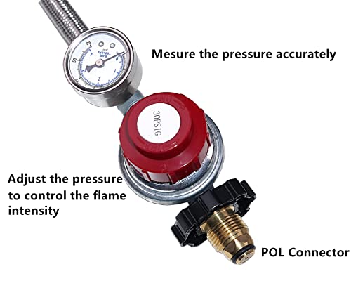 DOZYANT 12 Foot 0-30 PSI High Pressure Adjustable Propane Regulator with Gauge Indicator, Stainless Steel Braided Hose, Gas Grill LP Regulator for Burner, Turkey Fryer, Forge, Smoker and More