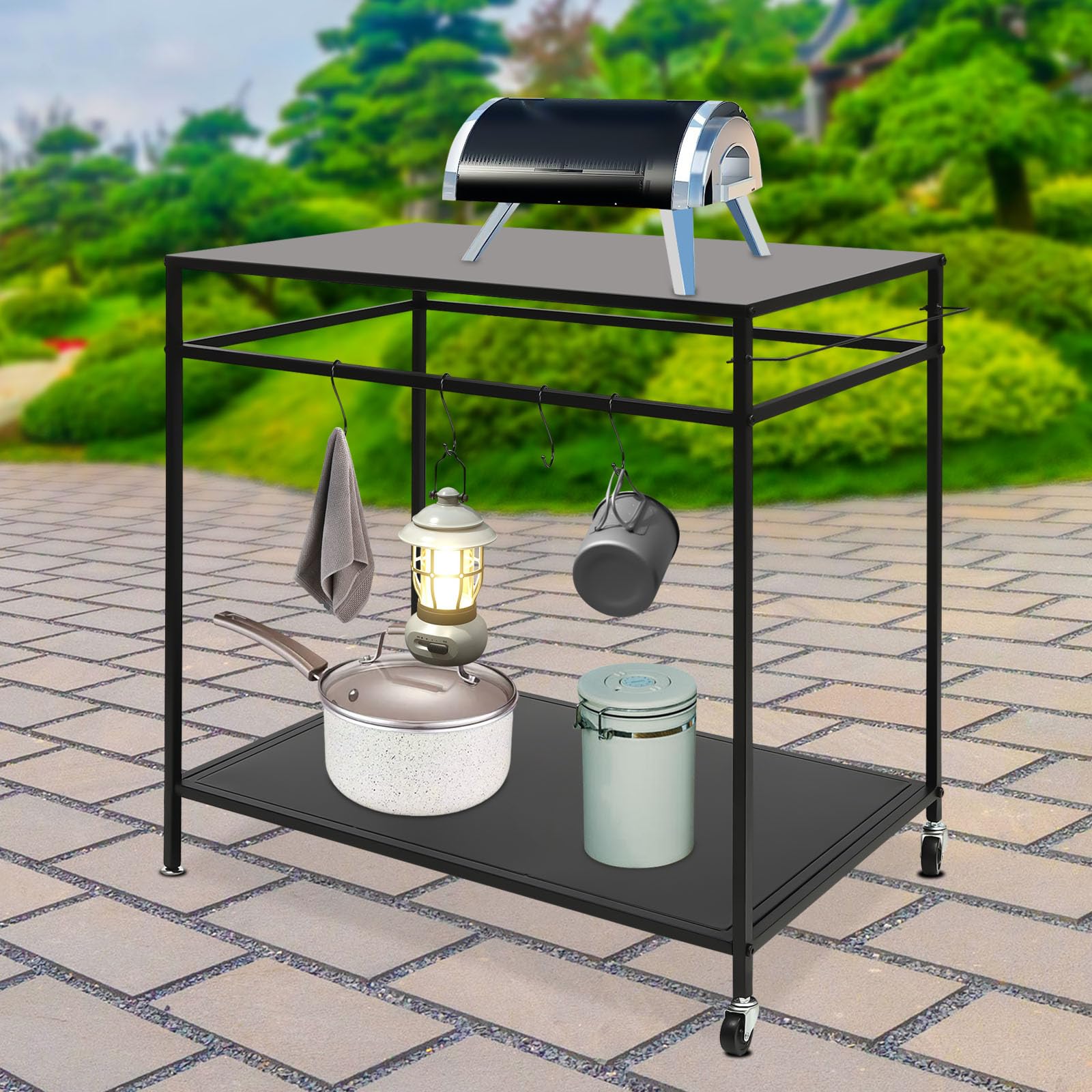Portable Outdoor Grill Table,Grill Stand Sturdy,Grill Cart Double-Shelf Movable Cooking Table,Stand Accessories for Dining Cart with Storage Spice Rack,for Kitchen Backyard Patio Indoor Commercial