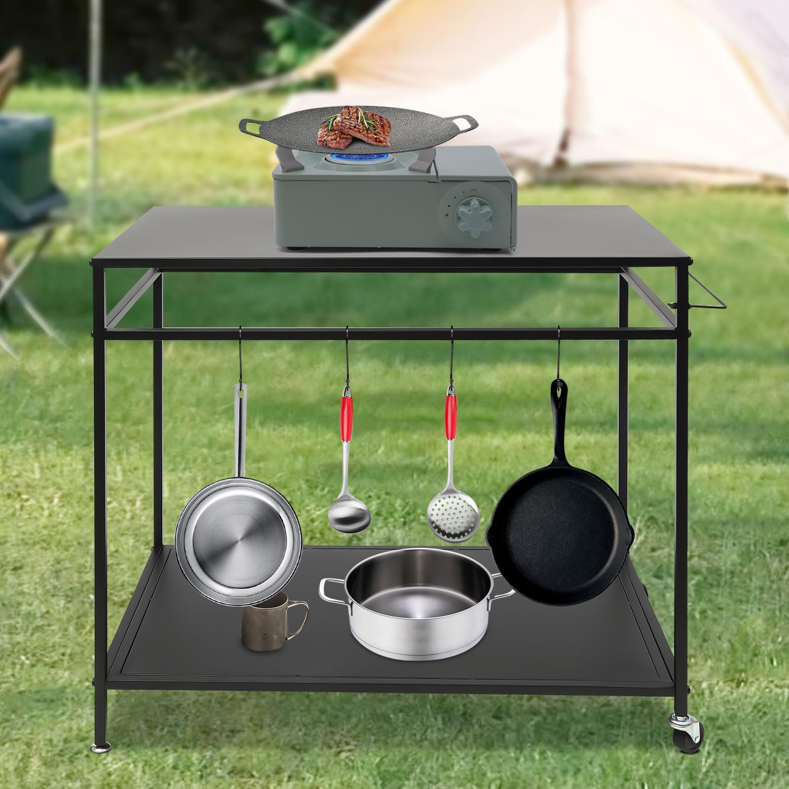Portable Outdoor Grill Table,Grill Stand Sturdy,Grill Cart Double-Shelf Movable Cooking Table,Stand Accessories for Dining Cart with Storage Spice Rack,for Kitchen Backyard Patio Indoor Commercial