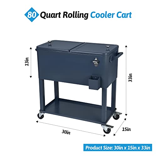 UPHA 80 Quart Rolling Outdoor Cooler, Patio Cooler Cart on Wheels, Portable Drink Beverage Bar for Patio Pool Party, Ice Chest with Shelf and Bottle Opener, IronGrey