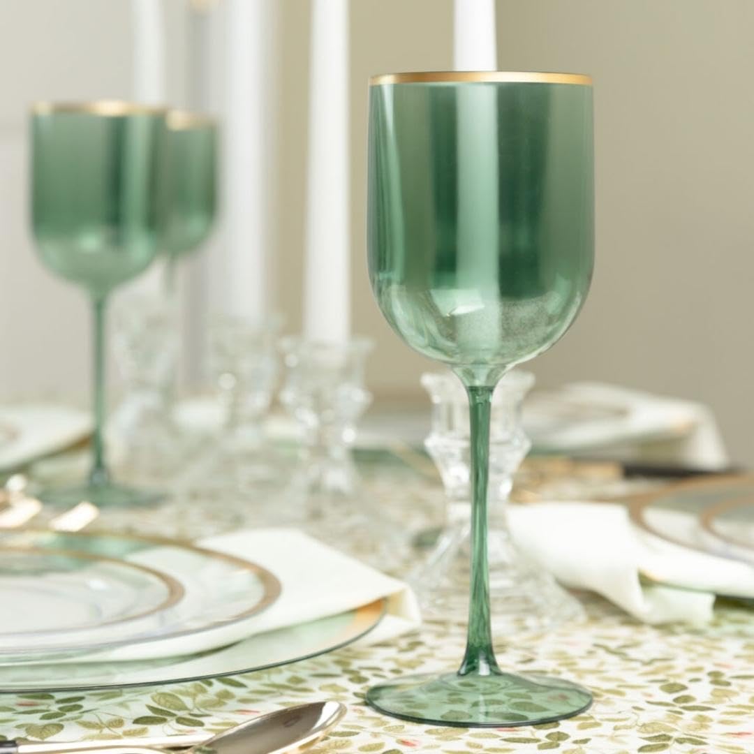 Blue Sky Green Plastic Wine Glasses With Gold Rim - 12oz (5-Pack) Reusable, Disposable Cups for Parties and Events