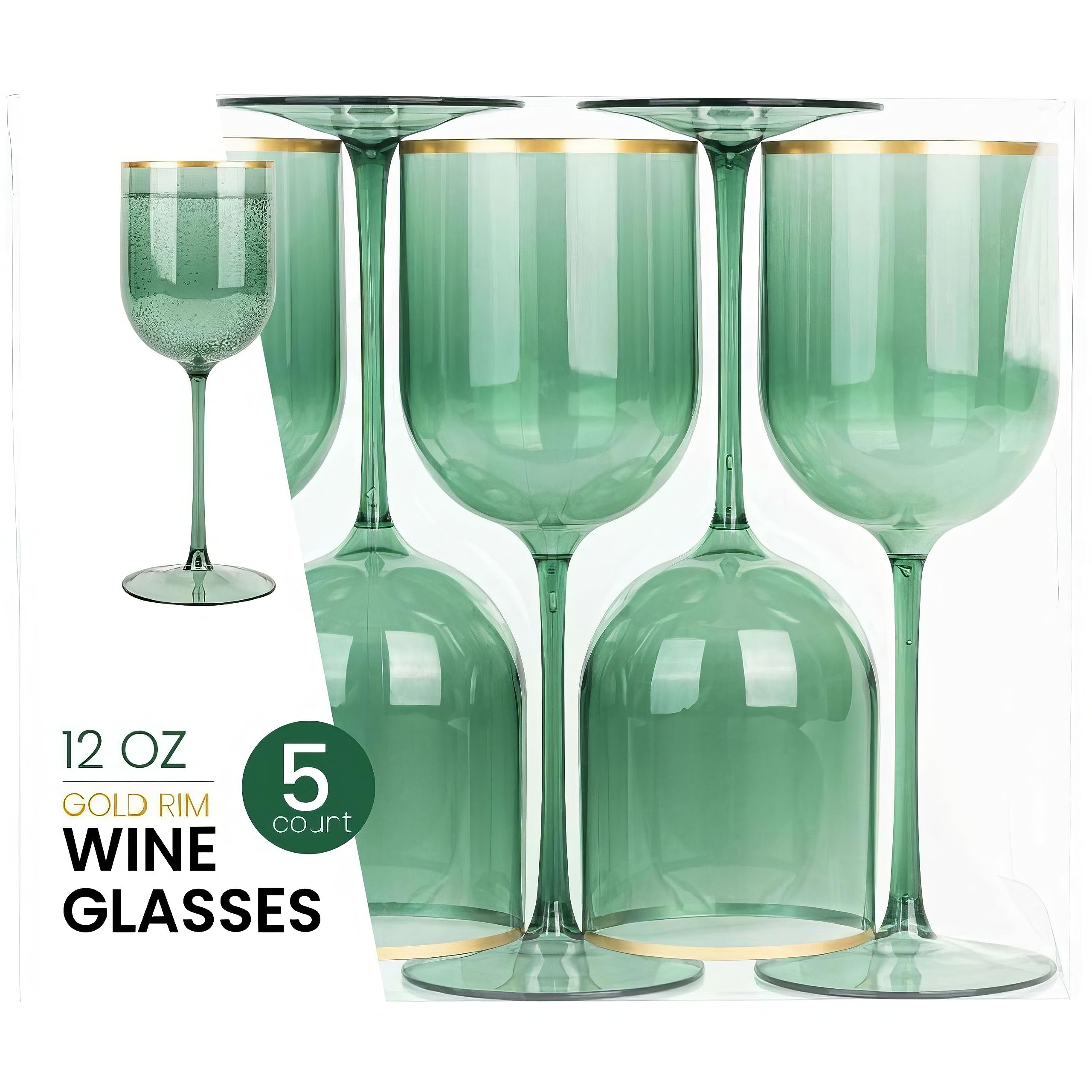 Blue Sky Green Plastic Wine Glasses With Gold Rim - 12oz (5-Pack) Reusable, Disposable Cups for Parties and Events