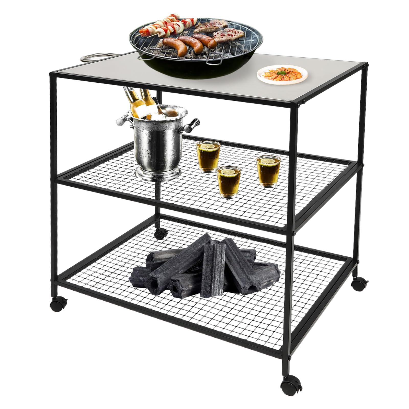 Ghankopd Outdoor Grill Cart Double-Shelf Movable Cooking Table,Outdoor Dining Cart with Storage and Spice Rack for Kitchen or Backyard Patio Indoor（33.46" L×19.49" W） (Style-B)