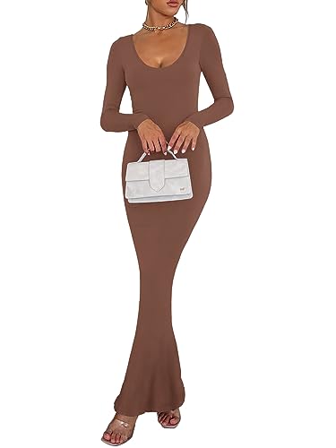 REORIA Women's Sexy Casual Scoop Neck Long Sleeve Lounge Long Dress Elegant Fall Wedding Guest Tight Ribbed Bodycon Maxi Dresses Coffee Medium