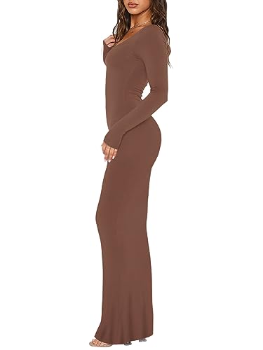 REORIA Women's Sexy Casual Scoop Neck Long Sleeve Lounge Long Dress Elegant Fall Wedding Guest Tight Ribbed Bodycon Maxi Dresses Coffee Medium