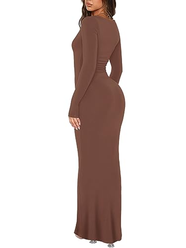 REORIA Women's Sexy Casual Scoop Neck Long Sleeve Lounge Long Dress Elegant Fall Wedding Guest Tight Ribbed Bodycon Maxi Dresses Coffee Medium