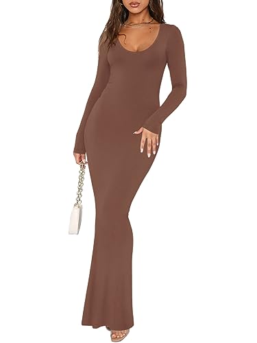 REORIA Women's Sexy Casual Scoop Neck Long Sleeve Lounge Long Dress Elegant Fall Wedding Guest Tight Ribbed Bodycon Maxi Dresses Coffee Medium