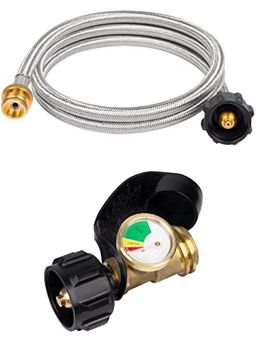 GASPRO 5 Feet Propane Adapter Hose 1lb to 20lb, Comes with A Propane Tank Gauge Level Indicator, Fit for Propane Stove, Gas Grill, Griddle, Heater and More