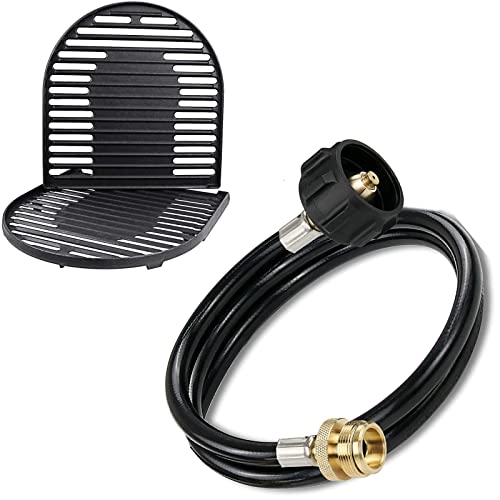 Uniflasy Cast Iron Grill Cooking Grates for Coleman Roadtrip Swaptop Grills LX LXE LXX, Propane Tank Adapter Hose 5 Feet 1lb to 20lb Converter for QCC1/ Type1 Propane Tank for Coleman