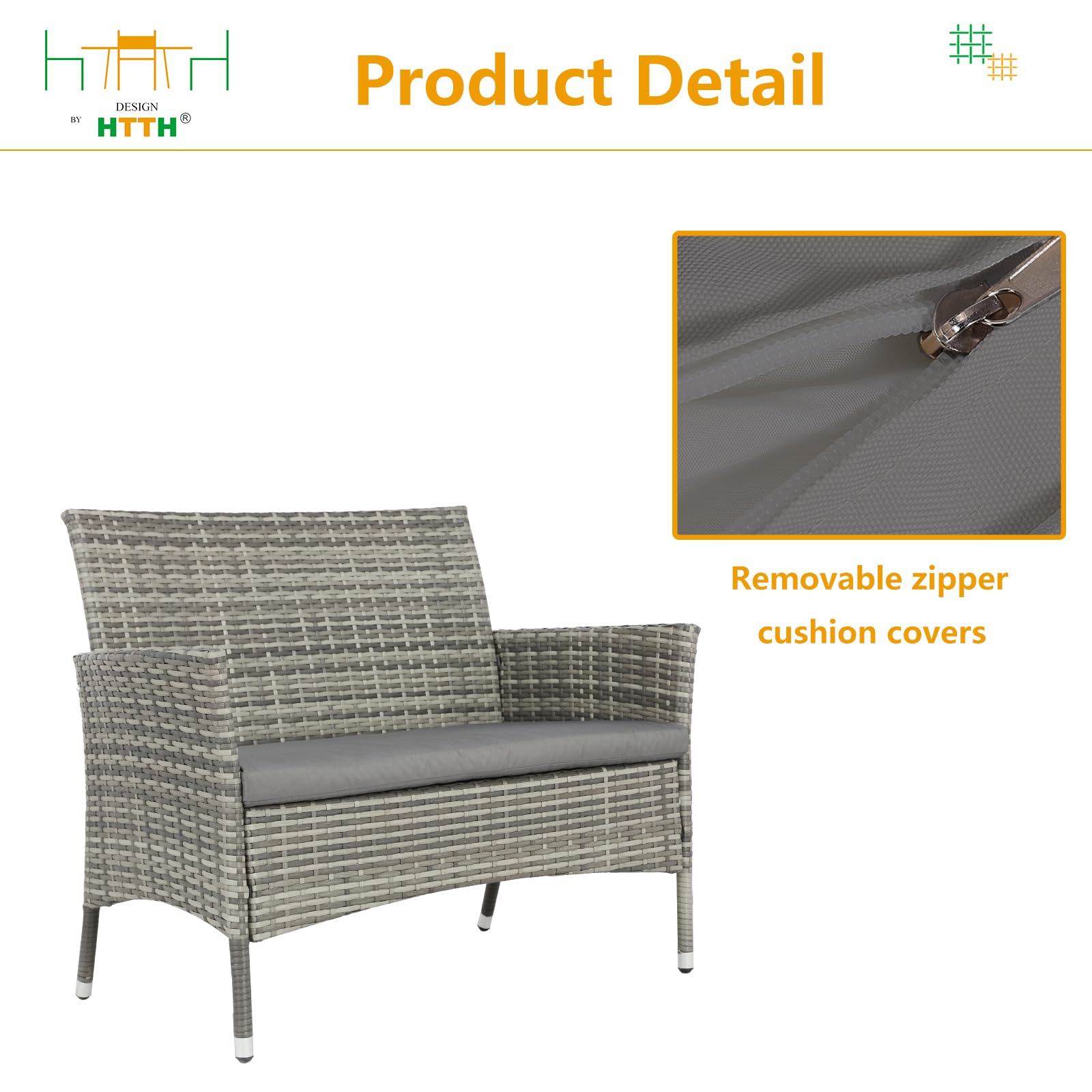 HTTH 4-Piece Outdoor Patio Furniture Sets Wicker Sofa with Cushions and Coffee Table Garden Lawn Pool Backyard Outdoor Sofa Sets (Grey-Grey)
