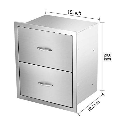 Outdoor Barbecue Drawers, Stainless Steel Kitchen Drawers with Handles, 2-Layer Design, Built-in Storage cabinets for Restaurant or Home use,BBQ Island,Terrace Barbecue Station (18W x 20.6H x 12.7D)