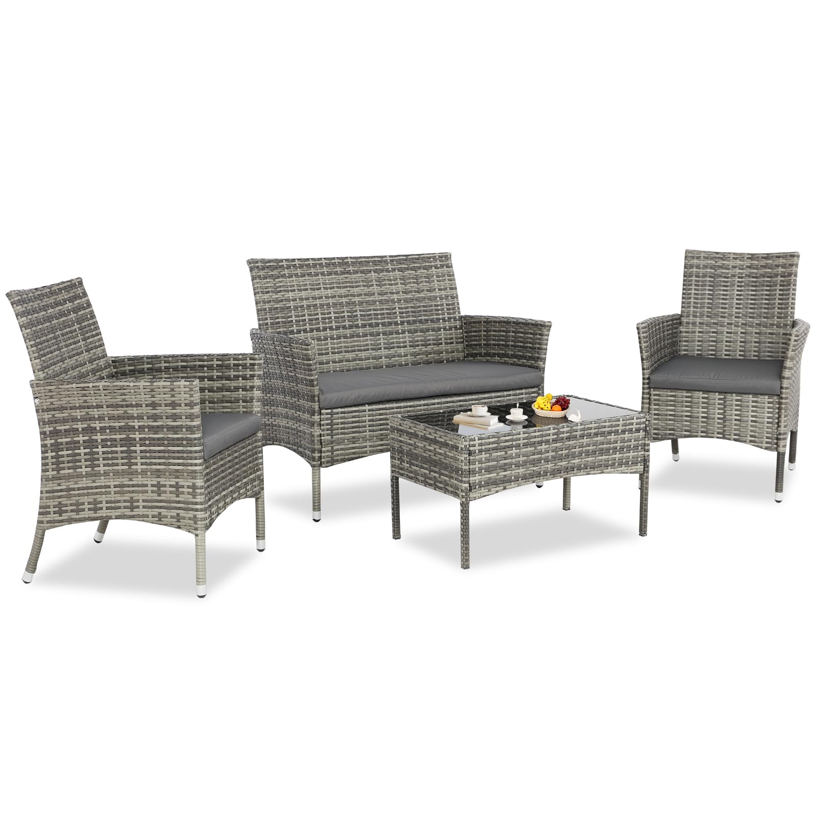 HTTH 4-Piece Outdoor Patio Furniture Sets Wicker Sofa with Cushions and Coffee Table Garden Lawn Pool Backyard Outdoor Sofa Sets (Grey-Grey)