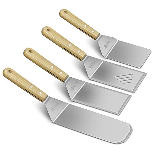 Barbecue Turners with Acacia Wood Handle, Professional Stainless Steel 4-Piece BBQ Grilling Cooking Spatula Set