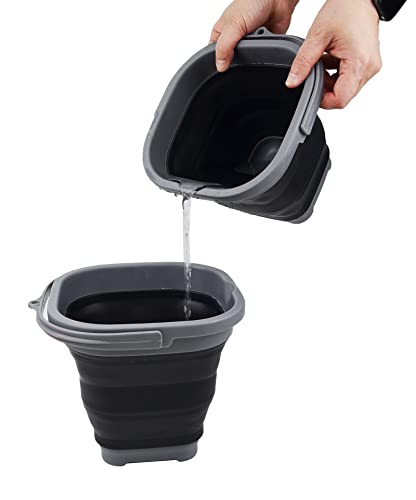 SAMMART 2.6L (0.68 Gallon) Super Mini Sqare Collapsible Plastic Bucket - Foldable Square Tub - Portable Fishing Water Pail - Space Saving Outdoor Waterpot (Grey/Black)