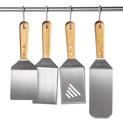 Barbecue Turners with Acacia Wood Handle, Professional Stainless Steel 4-Piece BBQ Grilling Cooking Spatula Set