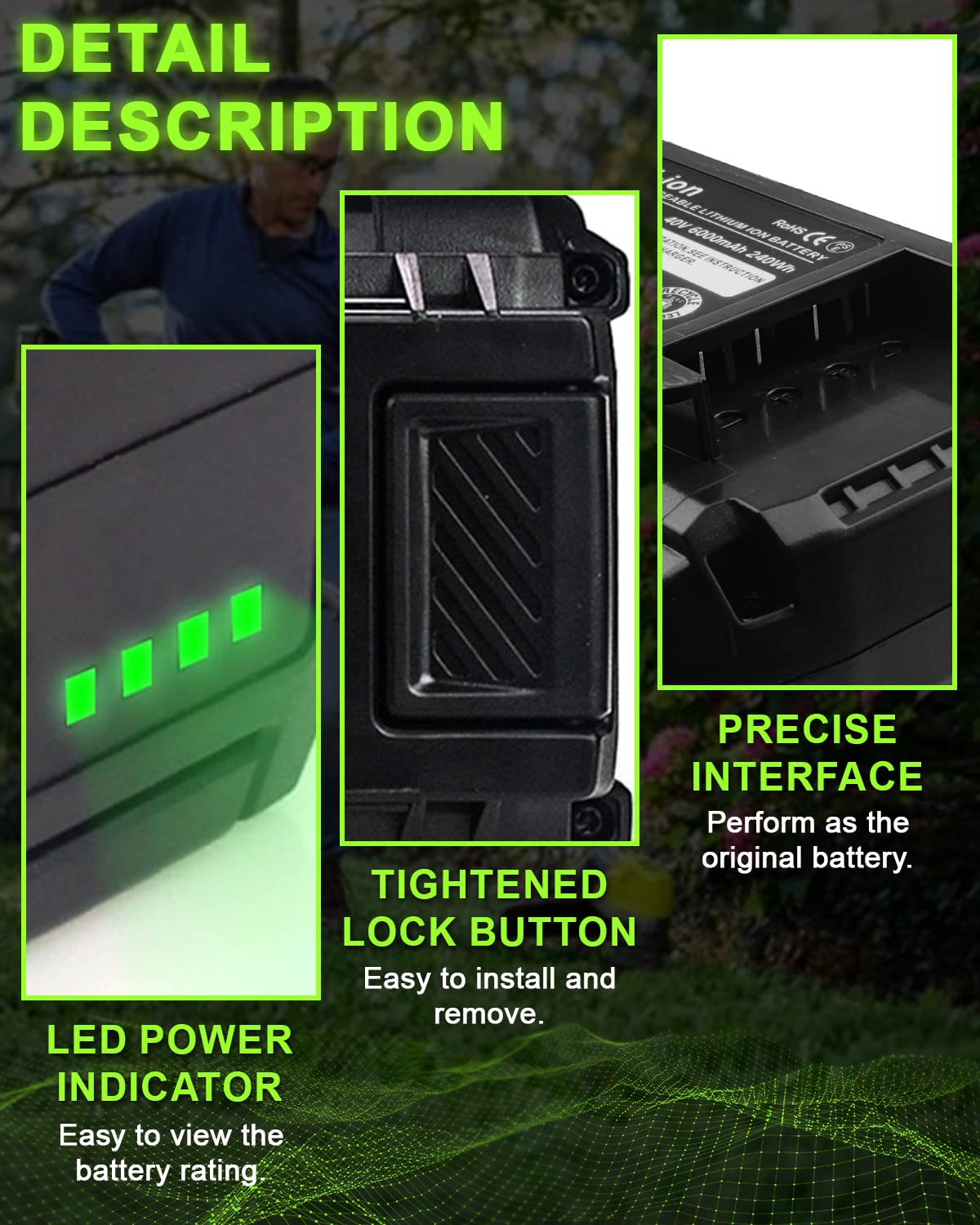 OP4026 6000mAh Replacement Battery Compatible with Ryobi 40V Lithium Battery OP4050A OP40601 OP4026A OP4040 OP4030 OP4050 OP4015 OP40261 OP40201 OP40301 OP40401 Cordless Power Tools(Green-2Pack)