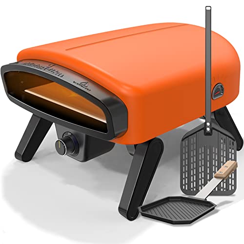 Maharlika Gas Pizza Oven Outdoor 14" Pizza Oven with Built-In Thermometer, Portable Propane Pizza Oven Stainless Steel with Pizza Peel, Stone, Griddle, Recipe & Carrying Bag for Outdoor Kitchen-Orange